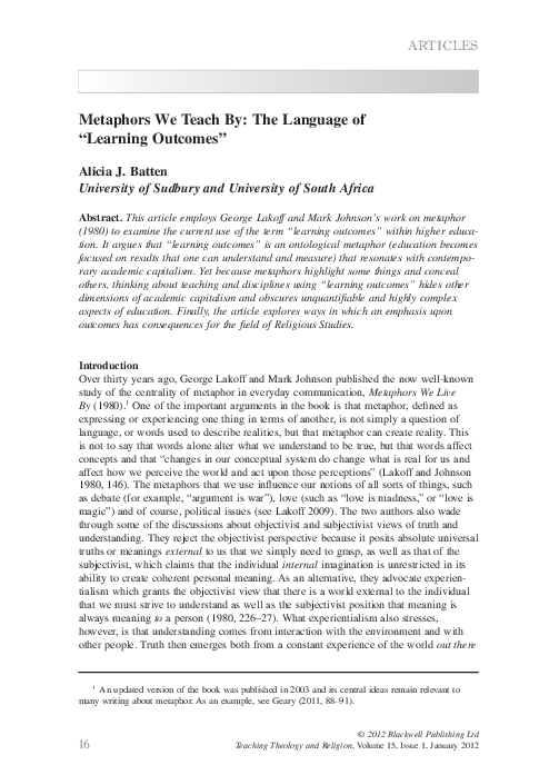 (PDF) Metaphors We Teach By: The Language of " Learning Outcomes