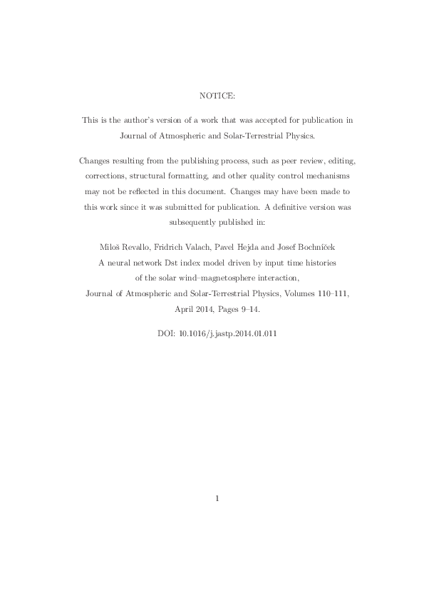 (PDF) A neural network Dst index model driven by input time histories of the solar wind ...