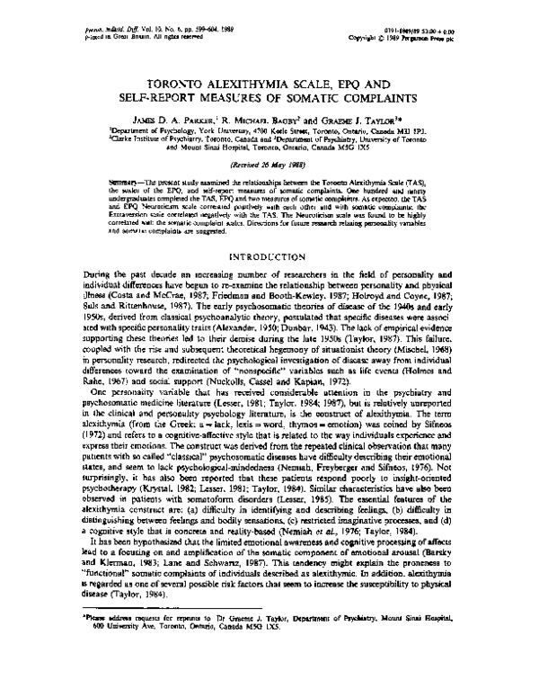 (PDF) TORONTO ALEXITHYMIA SCALE, EPQ AND SELF-REPORT MEASURES OF SOMAnC ...