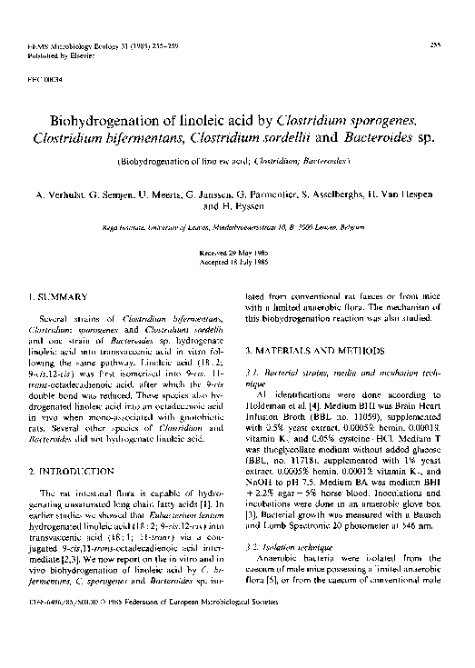 (PDF) Biohydrogenation of linoleic acid by Clostridium sporogenes ...