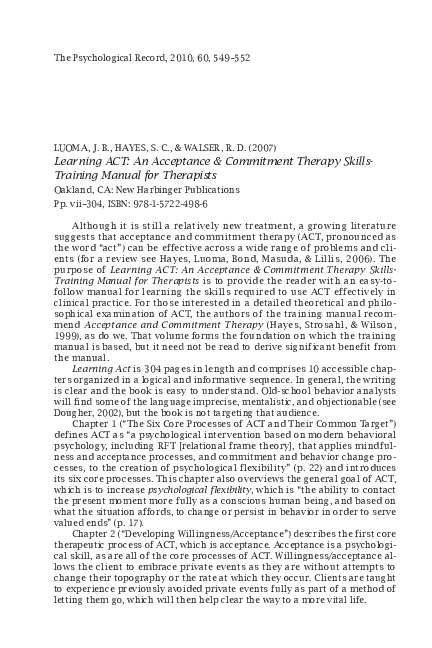 (PDF) Learning ACT: An Acceptance & Commitment Therapy Skills- Training ...