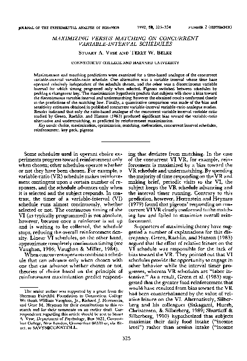 Pdf Maximizing Versus Matching On Concurrent Variable Interval Schedules
