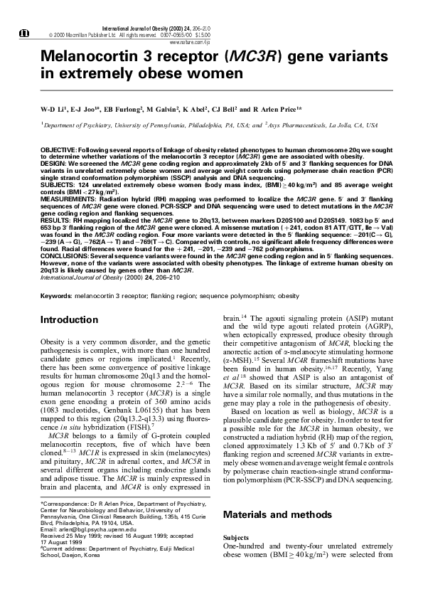 (PDF) Melanocortin 3 receptor (MC3R) gene variants in extremely obese women