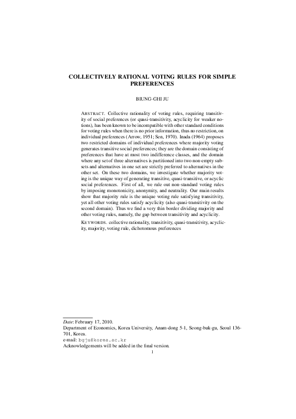 (PDF) Collectively rational voting rules for simple preferences