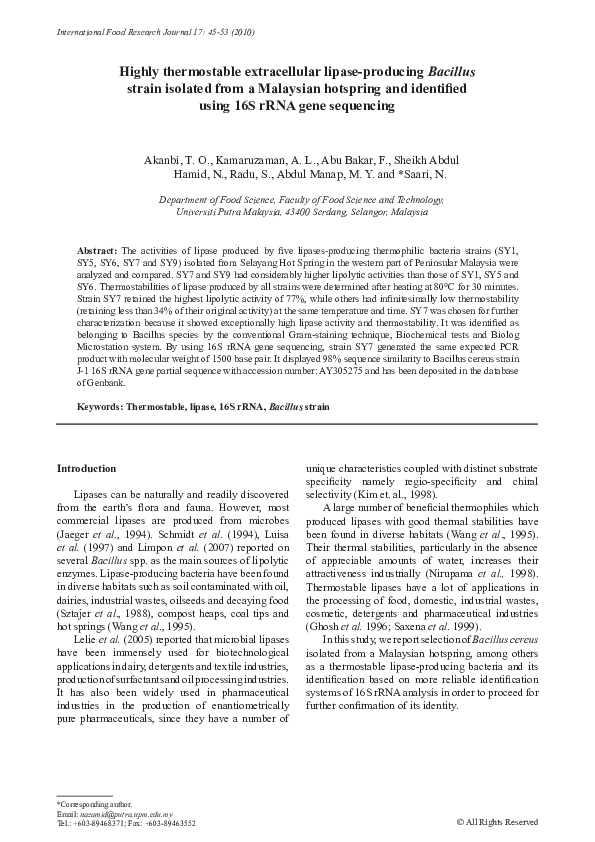 (PDF) Highly thermostable extracellular lipase-producing Bacillus strain isolated from a ...