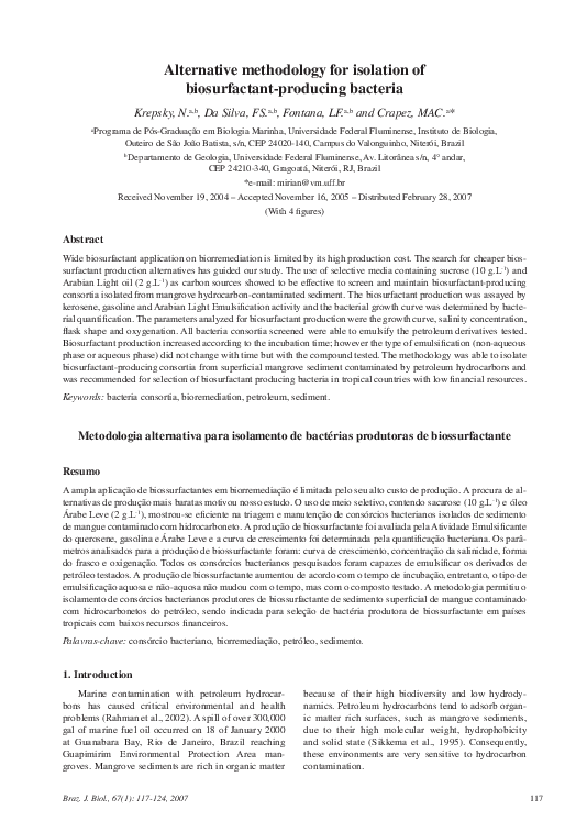(PDF) Alternative methodology for isolation of biosurfactant-producing ...