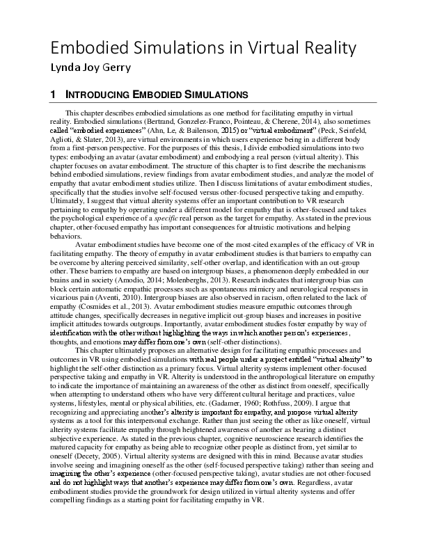 (DOC) Embodied Simulations in Virtual Reality as Tools for Facilitating ...