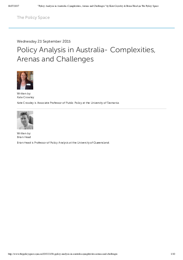 (PDF) Policy Analysis in Australia: Complexities, Arenas and Challenges