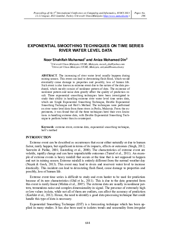 (PDF) EXPONENTIAL SMOOTHING TECHNIQUES ON TIME SERIES RIVER WATER LEVEL DATA