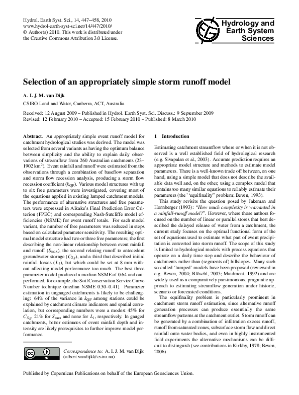 (PDF) Selection of an appropriately simple storm runoff model