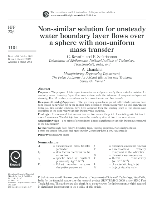 Pdf Non Similar Solution For Unsteady Water Boundary Layer Flow Over