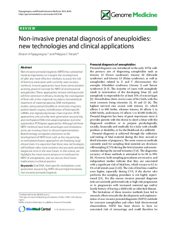 (PDF) Non-invasive prenatal diagnosis of aneuploidies: new technologies ...