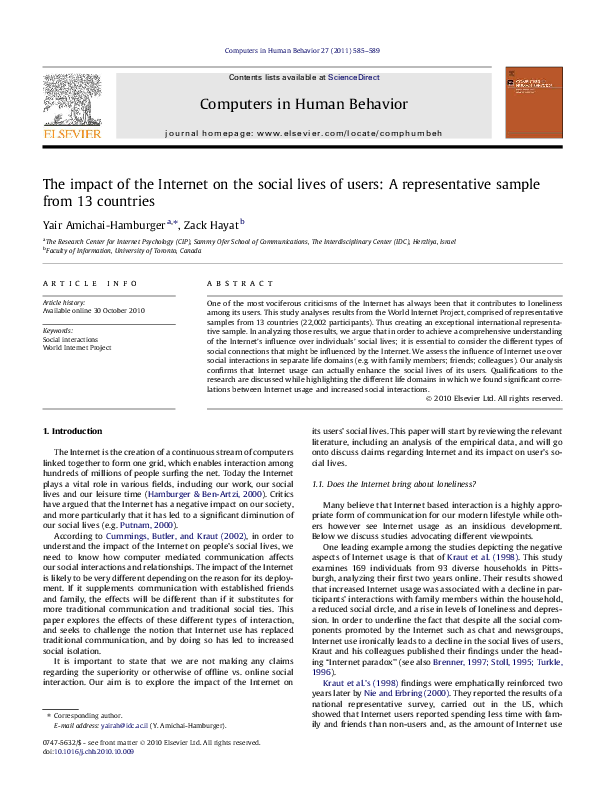 (PDF) The impact of the Internet on the social lives of users A ...