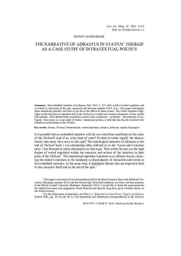 (PDF) The narrative of Adrastus in Statius’ Thebaid as a case study of ...