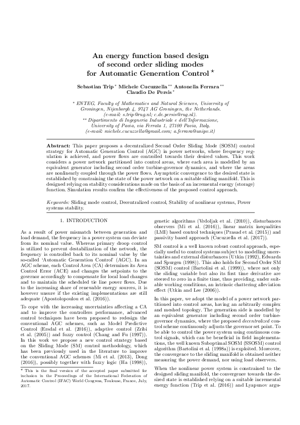 Pdf An Energy Function Based Design Of Second Order Sliding Modes For Automatic Generation Control