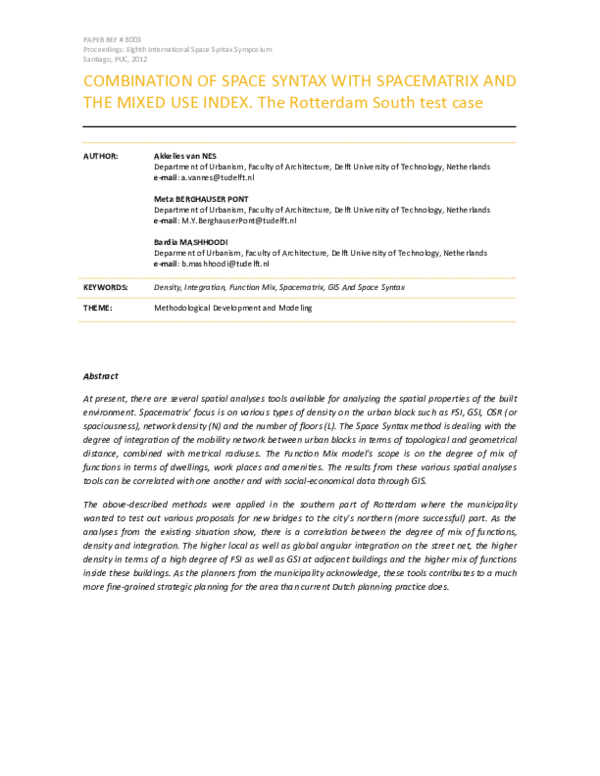 Pdf Combination Of Space Syntax With Spacematrix And The Mixed Use Index The Rotterdam South