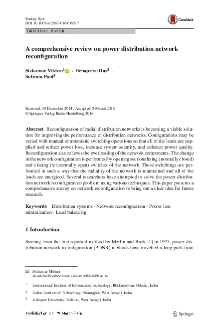 Pdf A Comprehensive Review On Power Distribution Network Reconfiguration Sivkumar Mishra