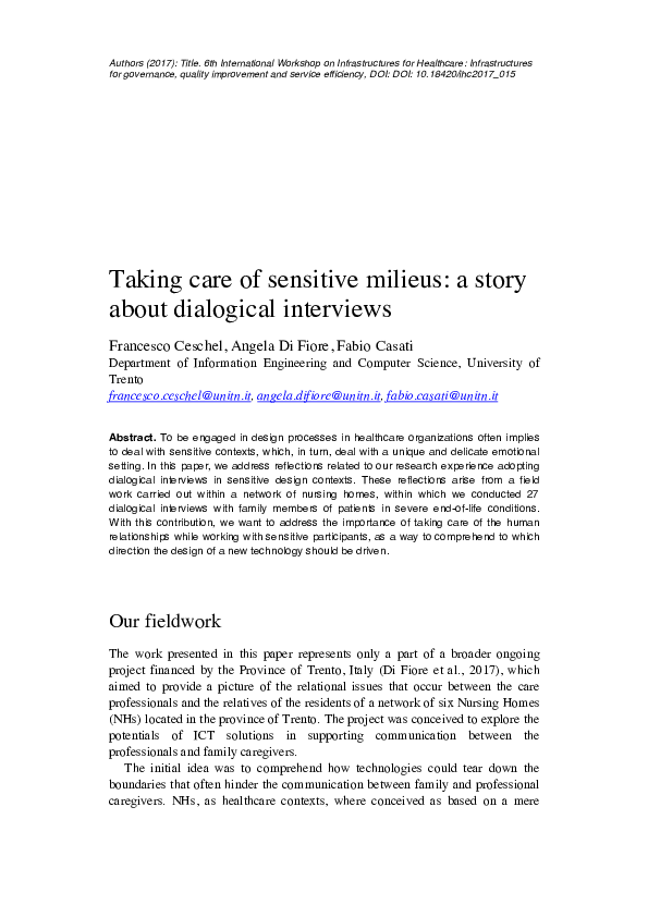 (PDF) Taking care of sensitive milieus: a story about dialogical interviews