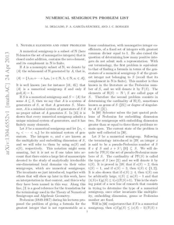 (PDF) Numerical semigroups problem list