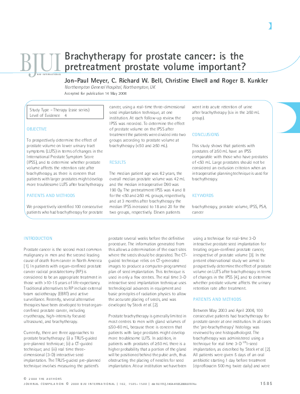 (PDF) Brachytherapy for prostate cancer: is the pretreatment prostate ...