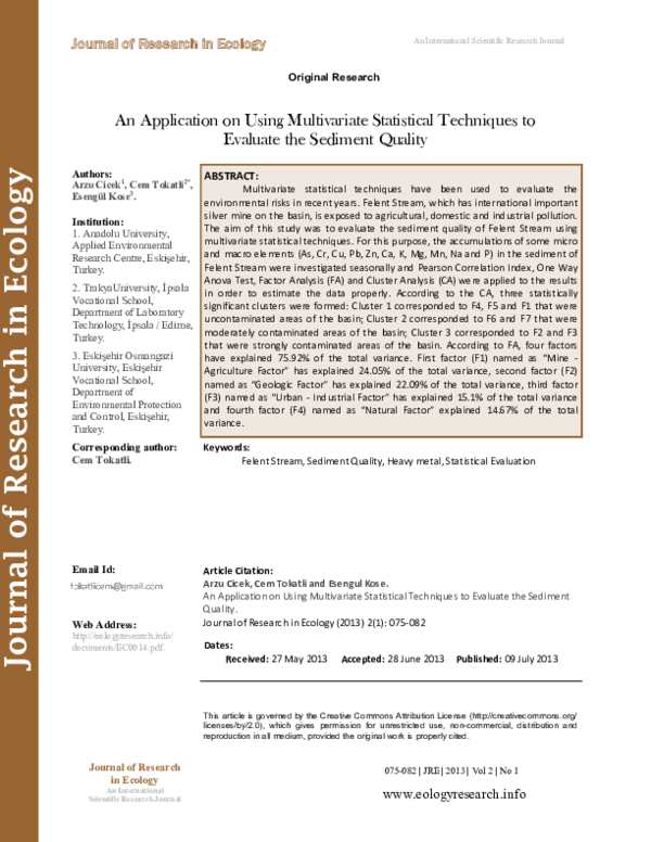 Pdf An Application On Using Multivariate Statistical Techniques To Evaluate The Sediment Quality