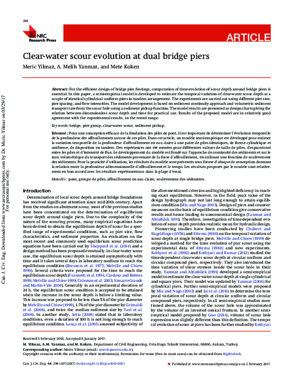 (PDF) ARTICLE Clear-water scour evolution at dual bridge piers