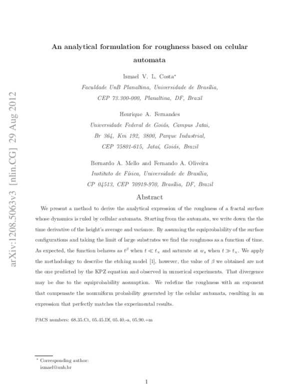 Pdf An Analytical Formulation For Roughness Based On Celular Automata