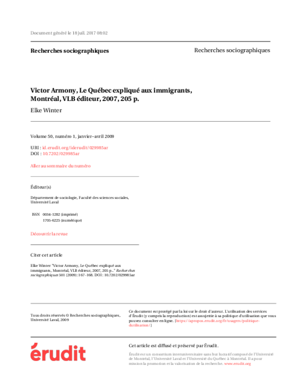 (PDF) Victor Armony, Le Québec expliqué aux immigrants, Montréal, VLB ...