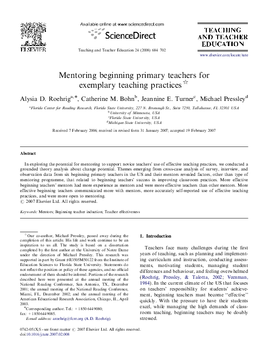 (PDF) Mentoring beginning primary teachers for exemplary teaching practices