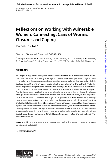 (PDF) Reflections on Working with Vulnerable Women: Connecting, Cans of ...
