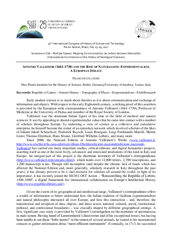 (PDF) Antonio Vallisneri (1661-1730) and the Rise of Naturalistic ...