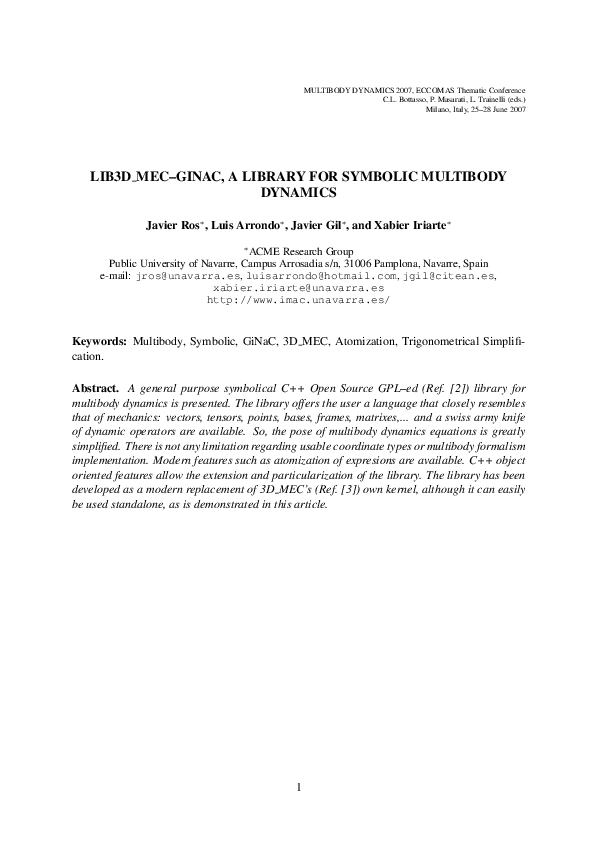 (PDF) LIB3D Mec-Ginac, a Library for Symbolic Multibody Dynamics