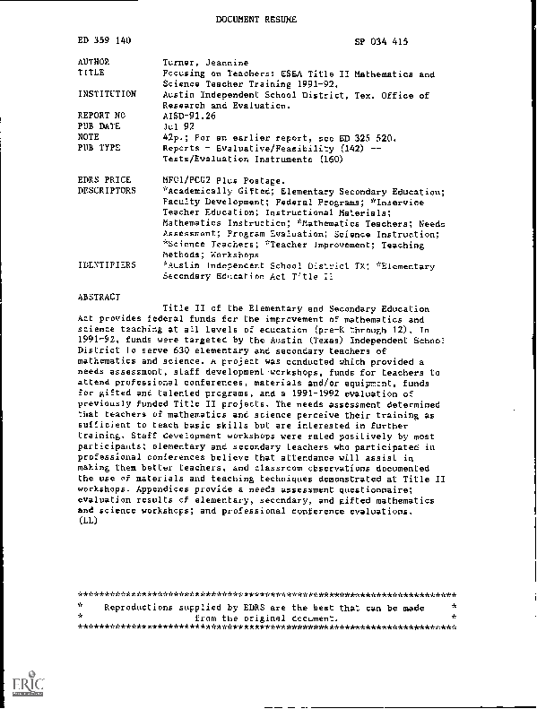 (PDF) Focusing on Teachers: ESEA Title II Mathematics and Science ...
