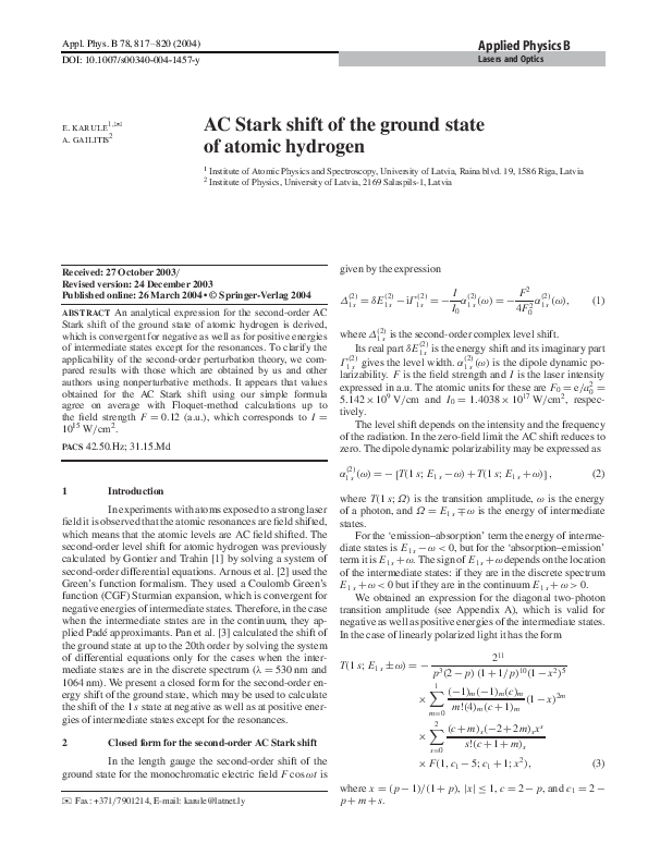 (PDF) AC Stark shift of the ground state of atomic hydrogen