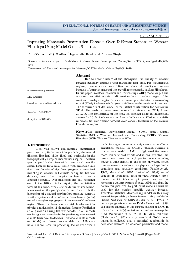 Pdf Improving Mesoscale Precipitation Forecast Over Different Stations In Western Himalaya