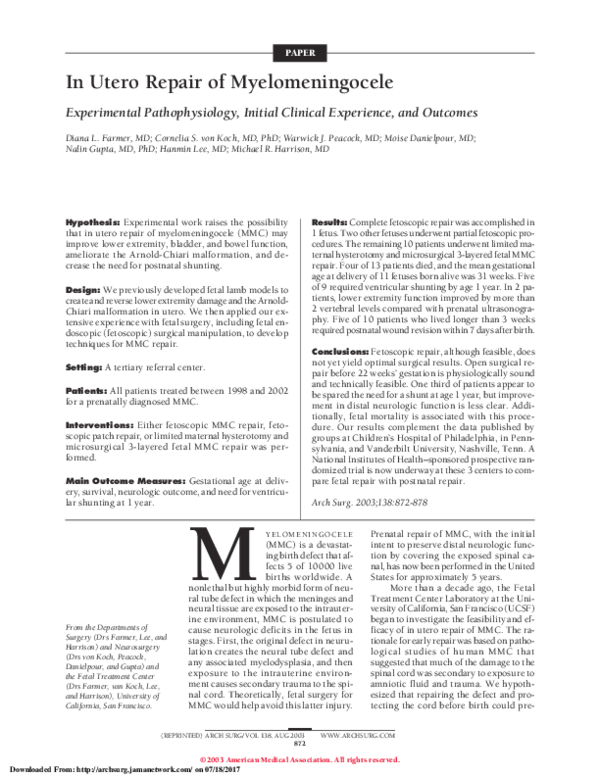 (PDF) In utero repair of myelomeningocele