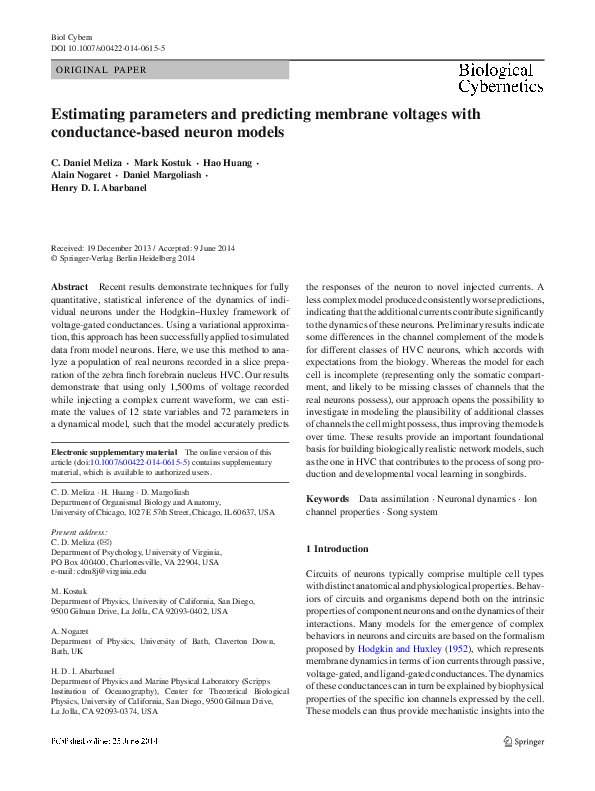 Pdf Estimating Parameters And Predicting Membrane Voltages With