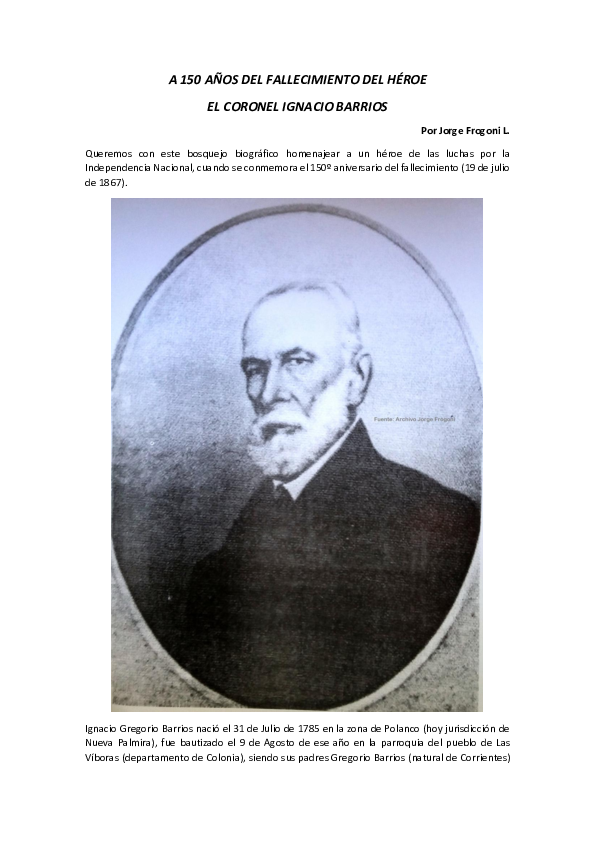 (PDF) A 150 AÑOS DEL FALLECIMIENTO DEL HÉROE EL CORONEL IGNACIO BARRIOS