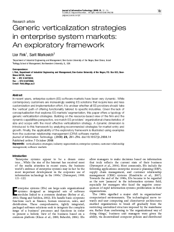(PDF) Generic verticalization strategies in enterprise system markets ...