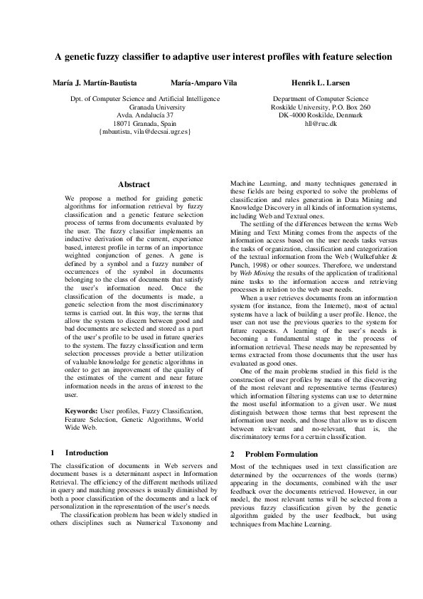 (PDF) A genetic fuzzy classifier to adaptive user interest profiles with feature selection María J