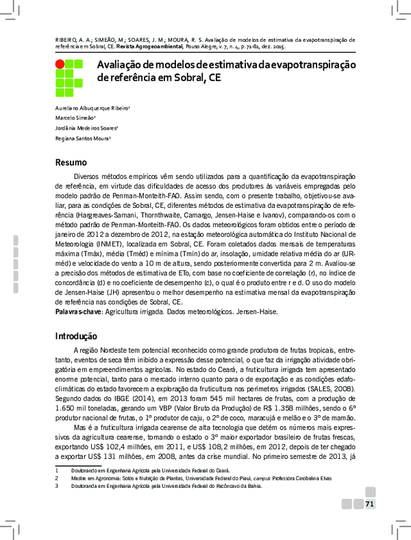 Pdf Evaluation Of Evapotranspiration Reference Models In Sobral Ce