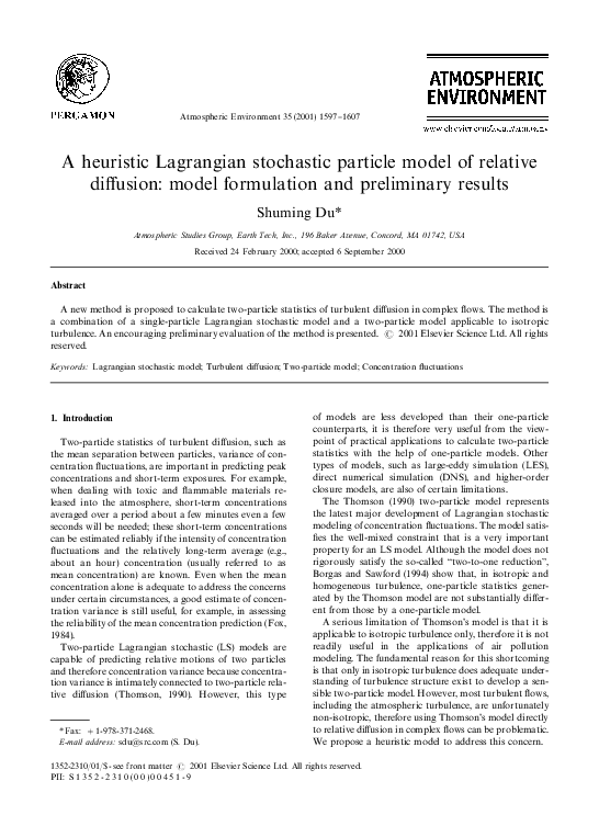 (PDF) A heuristic Lagrangian stochastic particle model of relative diffusion: model formulation ...