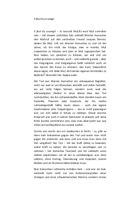 (PDF) Il faut du courage - Nachruf auf Werner Hamacher