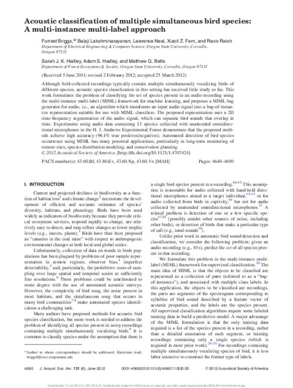 Pdf Acoustic Classification Of Multiple Simultaneous Bird Species A Multi Instance Multi