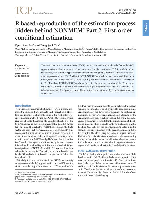 Pdf R Based Reproduction Of The Estimation Process Hidden Behind Nonmem® Part 2 First Order