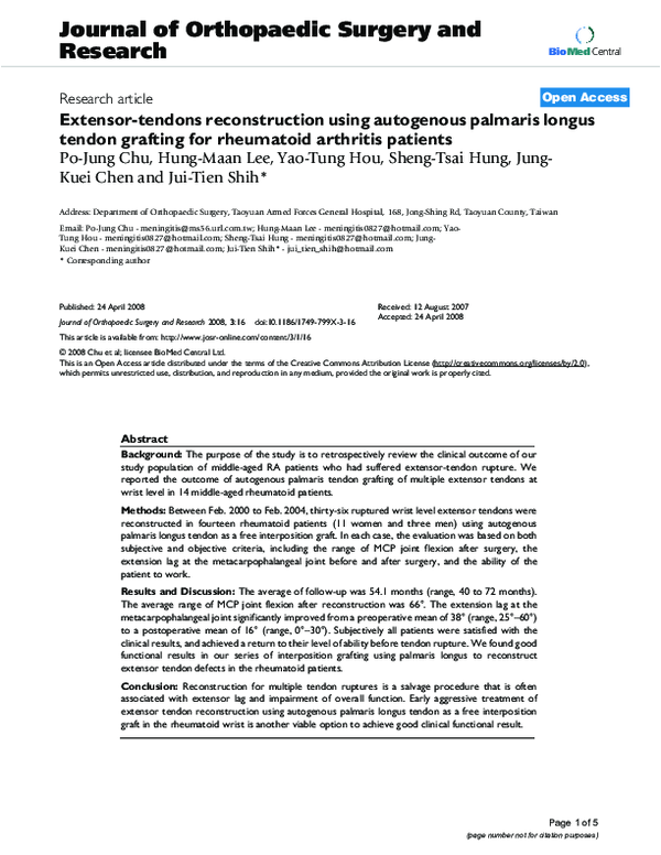 (PDF) Extensor-tendons reconstruction using autogenous palmaris longus ...