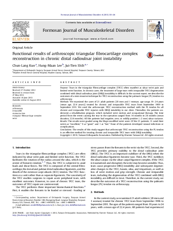 (PDF) Functional results of arthroscopic triangular fibrocartilage complex reconstruction in ...