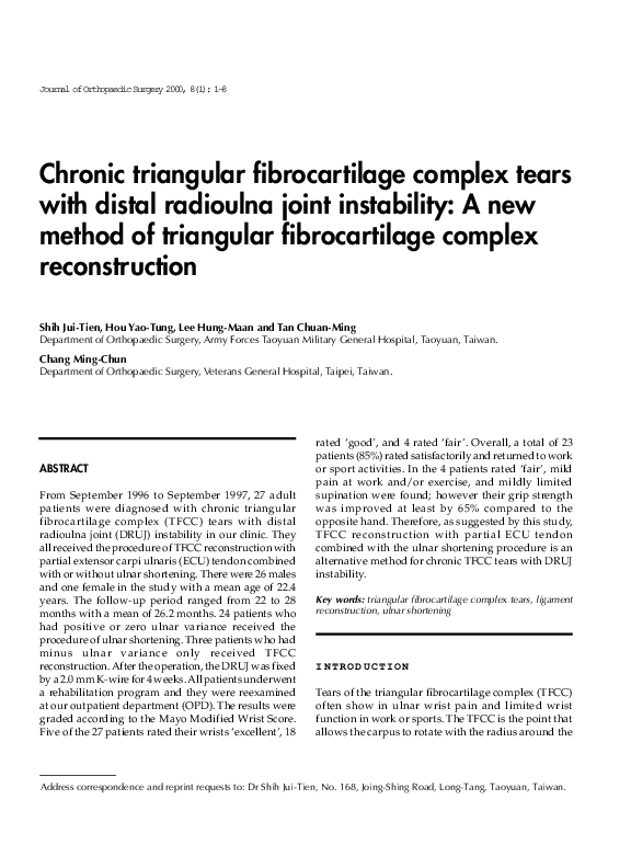 (PDF) Chronic triangular fibrocartilage complex tears with distal radioulna joint instability: A ...