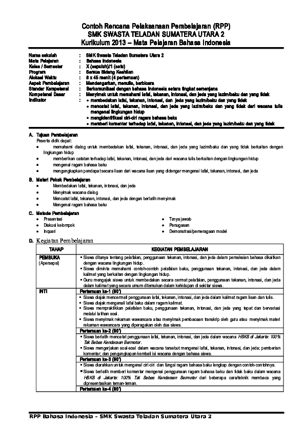 (DOC) Contoh Rencana Pelaksanaan Pembelajaran (RPP) SMK SWASTA TELADAN ...