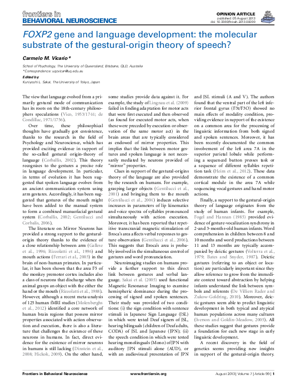 (PDF) FOXP2 gene and language development: the molecular substrate of ...